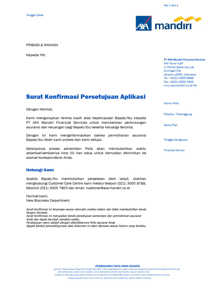 Konfirmasi Persetujuan Polis AXA Mandiri | PDF