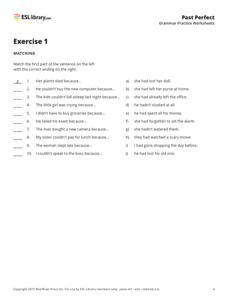 Past Perfect - Grammar Practice Worksheets - ESL Library | PDF ...