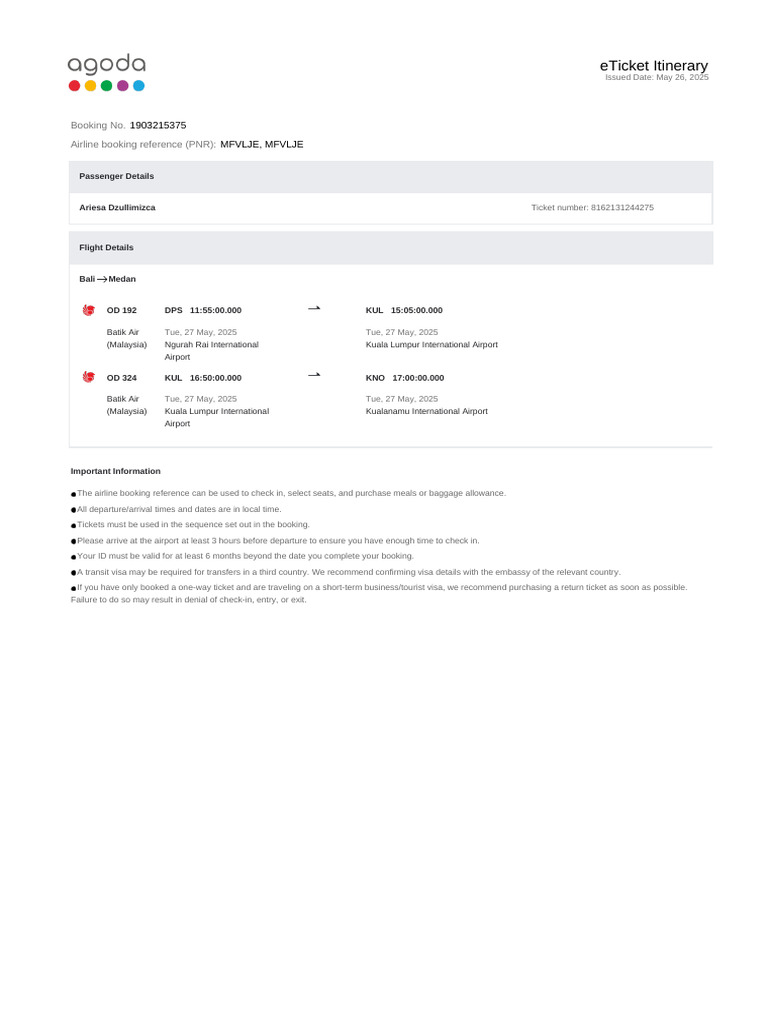 Booking ID 1903215375 ETicket | PDF