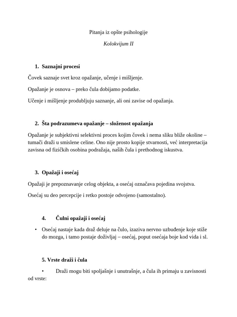 Pitanja Iz Opšte Psihologije | PDF