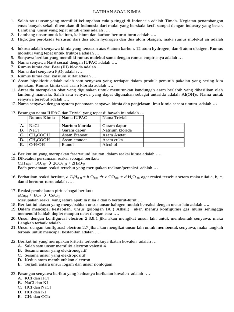 Latihan Soal Kimia Kelas 10 | PDF