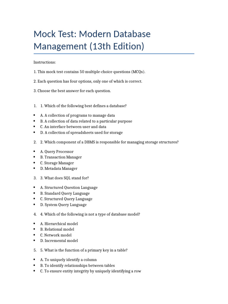 Modern Database Management Mock Test | PDF