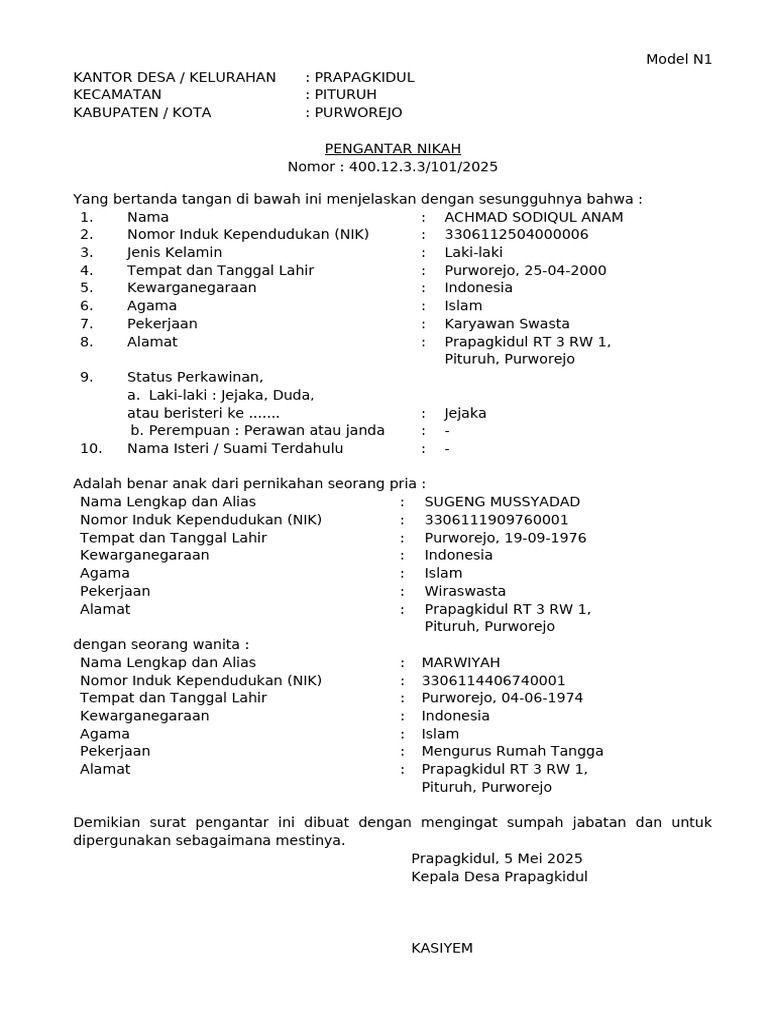 Blangko Nikah Model N1 dan N2 | PDF