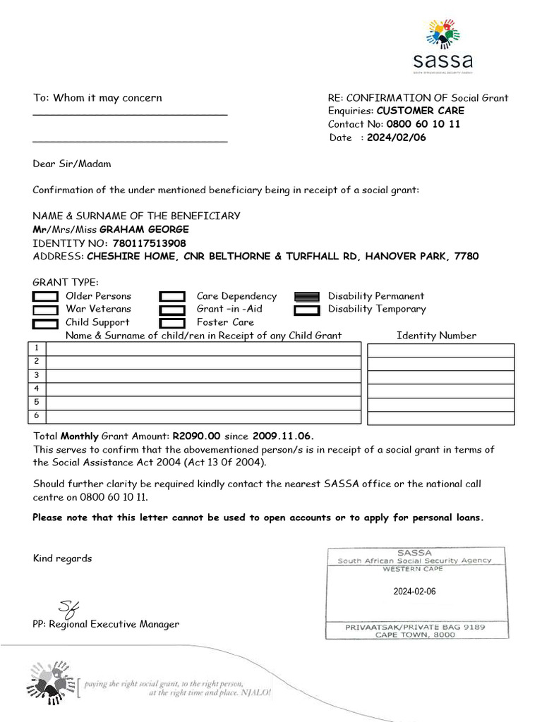SASSA Social Grant Confirmation Letter | PDF