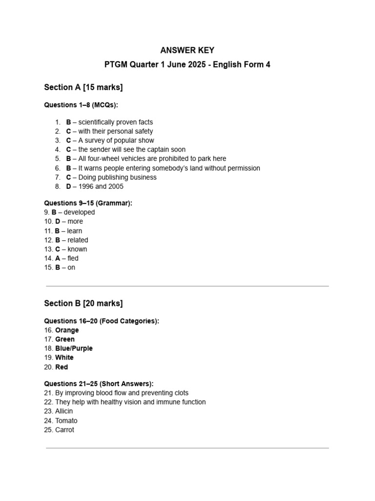 PTGM q1 English Form 4 Answer Key | PDF
