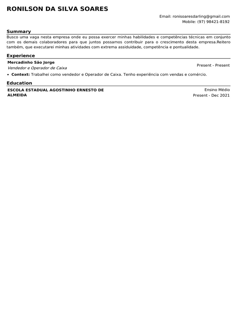 Currículo Ronilson Da Silva Soares | PDF