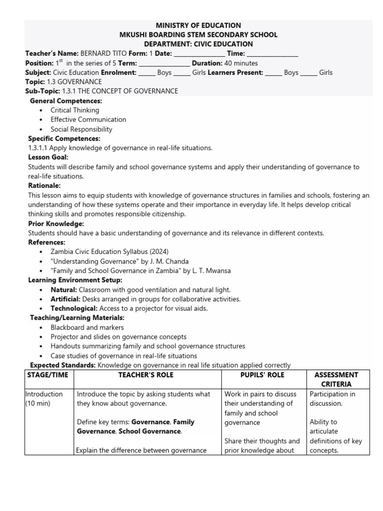 Sample of Civic Lesson Plans On Governance and Law Students | PDF ...
