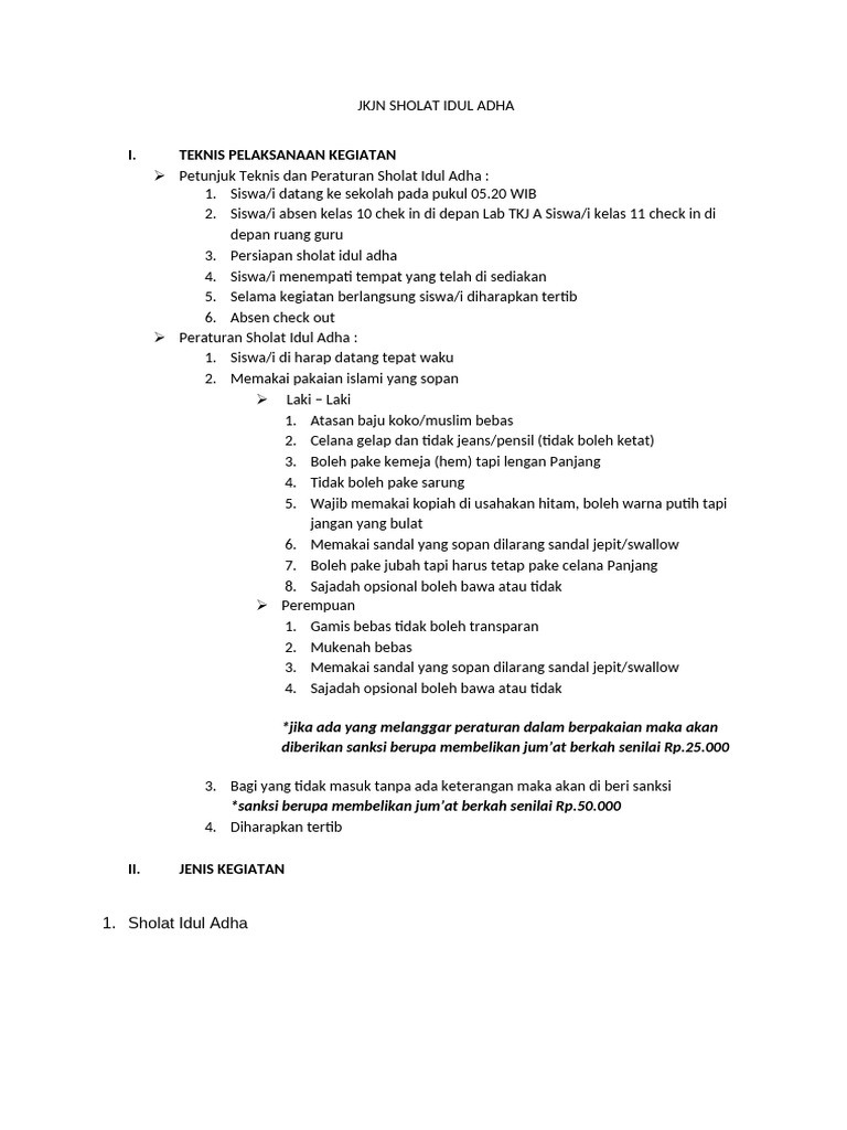 Contoh Juklak Juknis (JKJN) Sholat idul adha | PDF