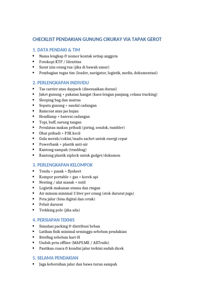 Checklist Pendakian Cikuray Tapak Gerot | PDF