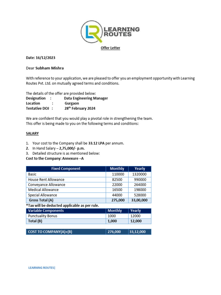 Subham Mishra Offer Letter | PDF