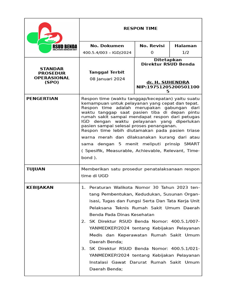 Prosedur Respon Time IGD 5 Menit | PDF