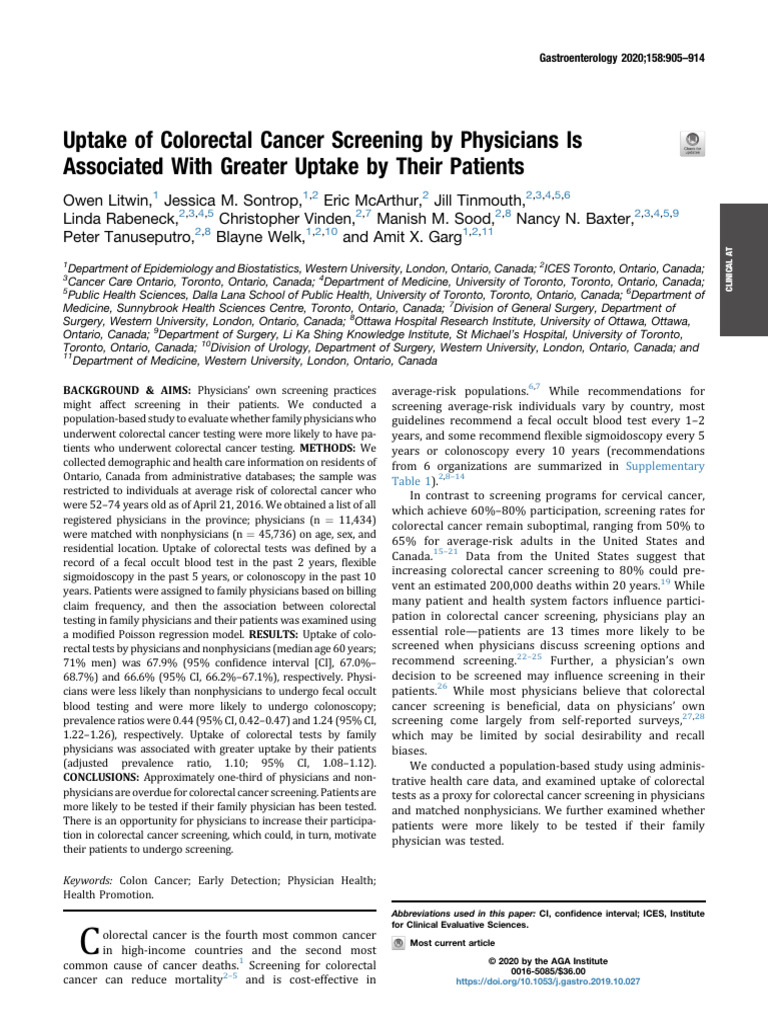 Uptake of Colorectal Cancer Screening by Physician | PDF | Colorectal Cancer | Colonoscopy