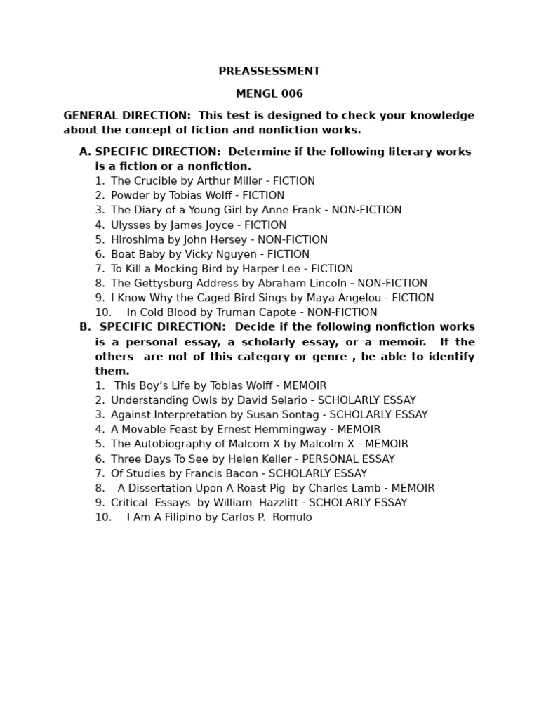 Fiction vs Nonfiction Assessment Guide | PDF