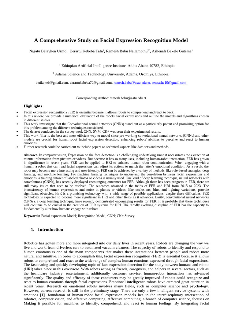 Facial Expression Recognition in Robots | PDF | Emotions | Facial ...