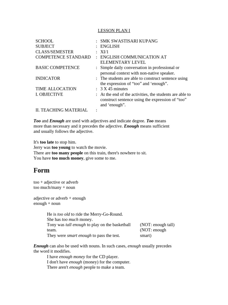 Lesson Plan Too Enough | PDF | Adjective | Adverb