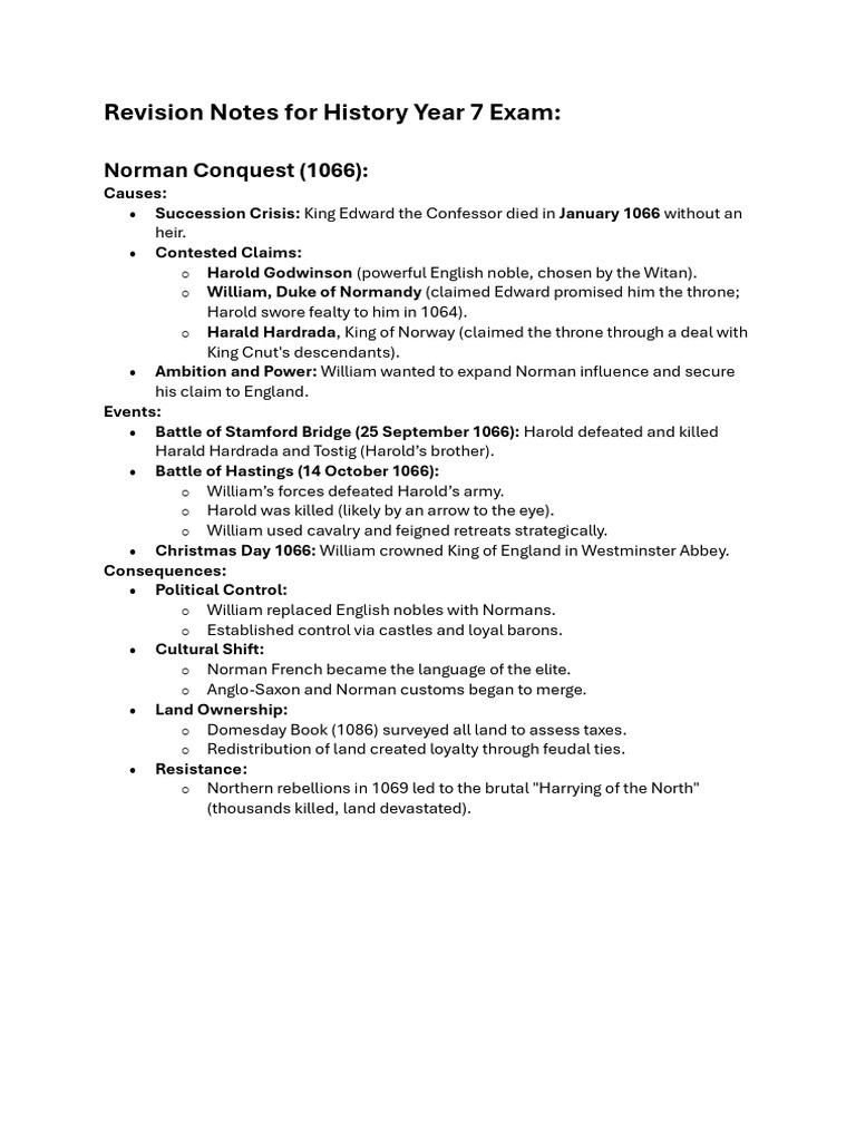 Revision Notes For History Year 7 Exam | PDF | Magna Carta | Middle Ages