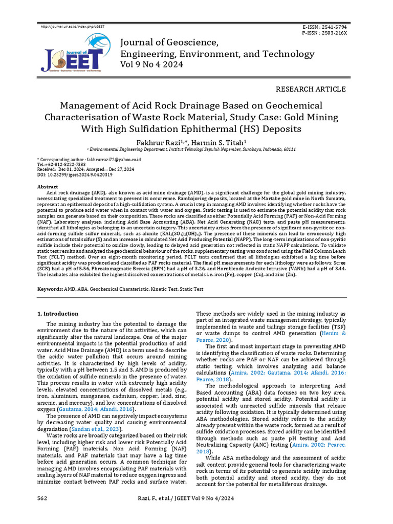 Management of Acid Rock Drainage Based On Geochemical Characterisation ...