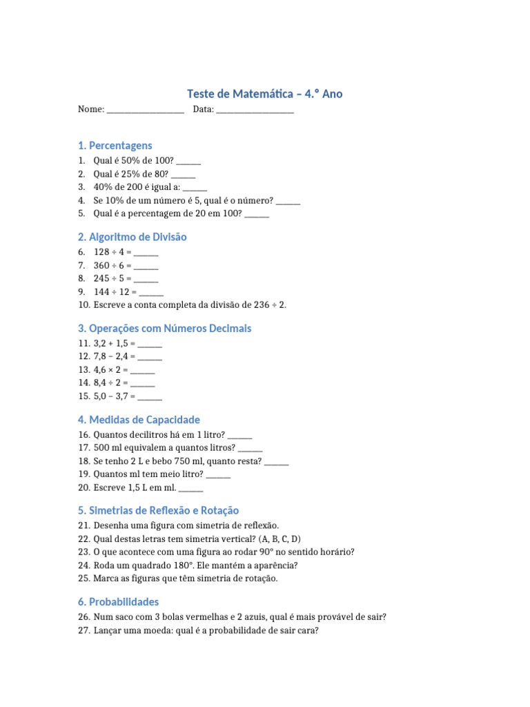 Teste de Matemática 4.º Ano: Questões e Tópicos | PDF