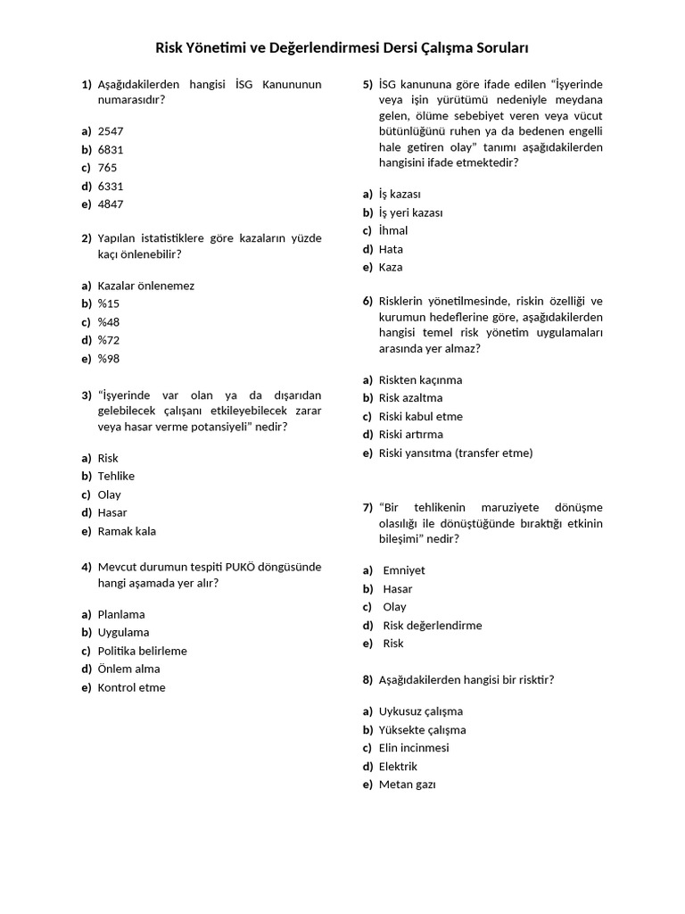 Risk Yonetimi Ve Degerlendirmesi Vize Sinavi Calisma Sorulari 1 | PDF