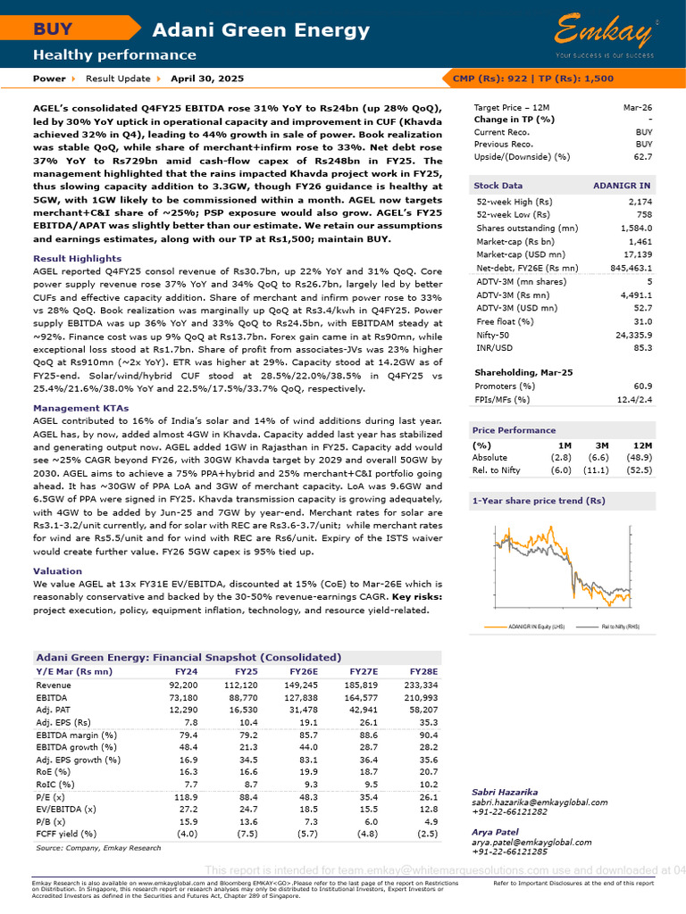 Adani Green Energy - Emkay 30, Aprl 2025 | PDF | Balance Sheet | Business