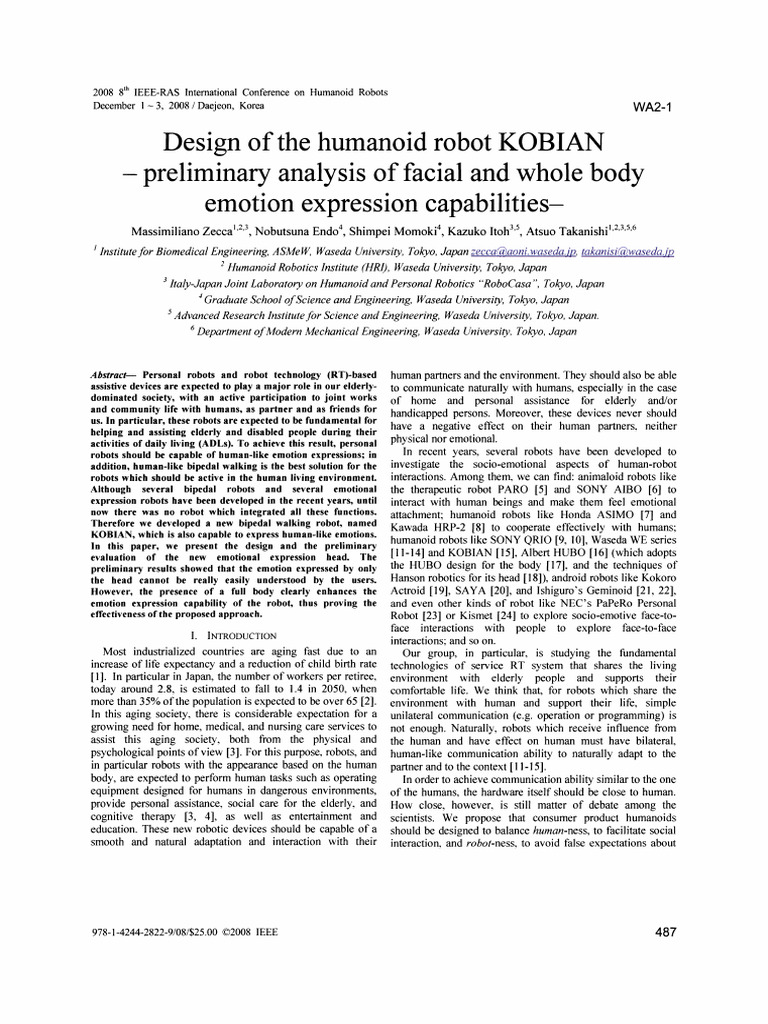 Design Ofthe Humanoid Robot Kobian Preliminary Analysis Of Facial And Whole Body Emotion