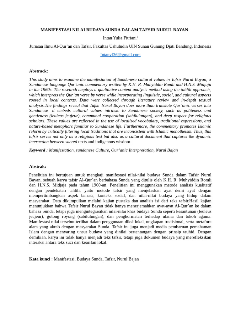 Manifestasi Nilai Budaya Sunda Dalam Tafsir Nurul Bayan-1 | PDF