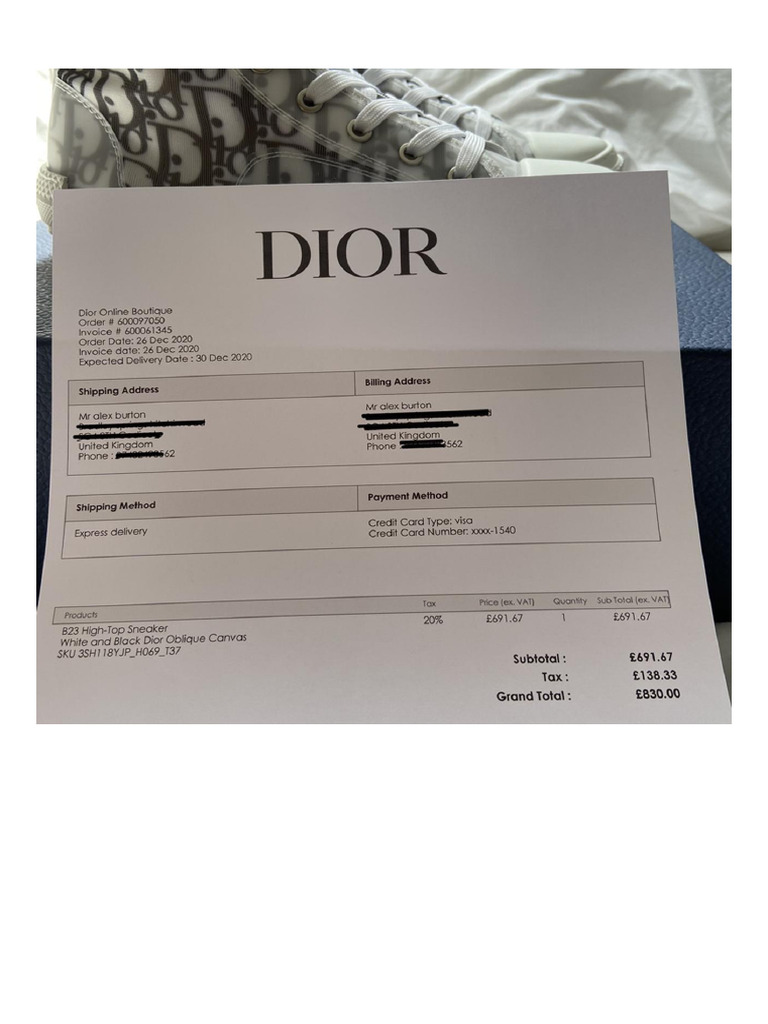 Dior Invoice With Product Image 2025 | PDF