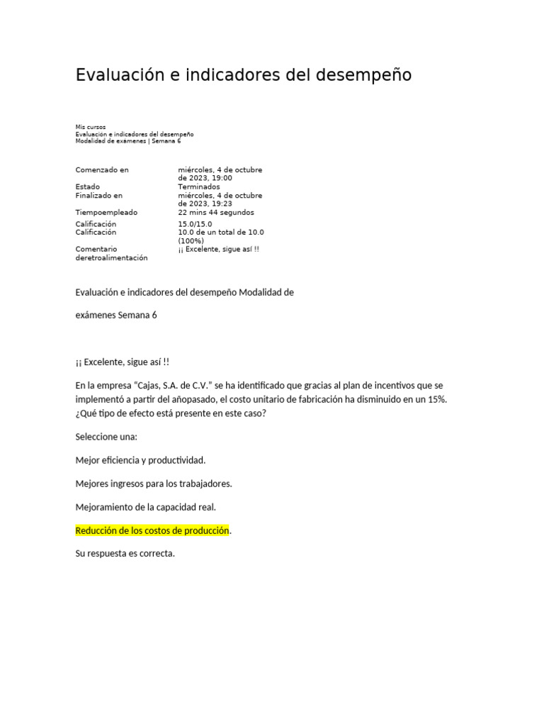 Examen Semana 6 Evaluacion e Indicadores Del Desempeño Utel | PDF | Business | Comportamiento
