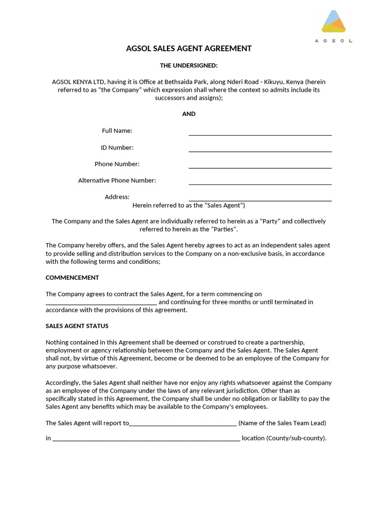 Agsol Kenya Sales Agent Agreement | PDF | Confidentiality | Employment