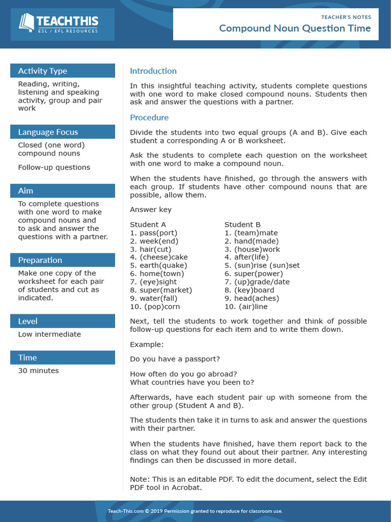 Compound Noun Question Time - Low Intermediate (B1) | PDF | English As ...