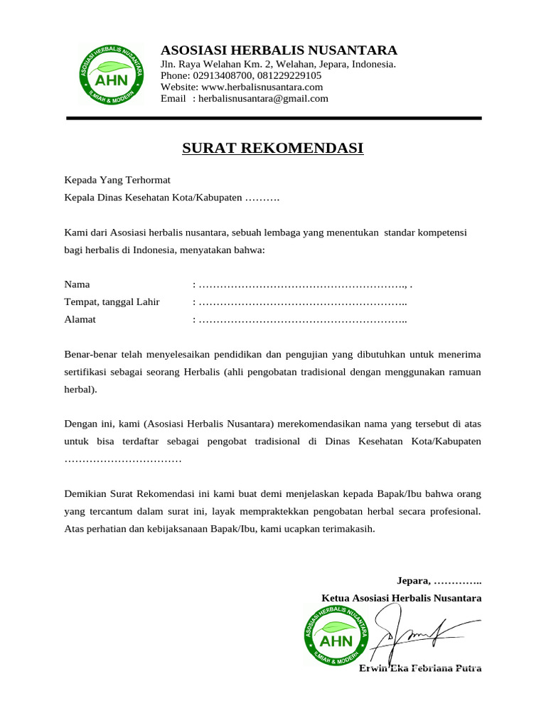 Surat Rekomendasi Dari AHN | PDF