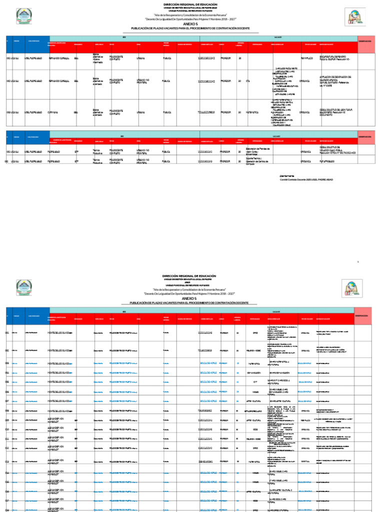 Plazas para Contrato Docente 2025 Ebr Secundaria, Eba y Etp Ugel Pa | PDF