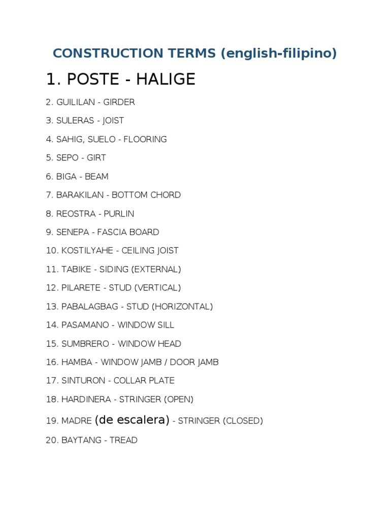 Poste - Halige: CONSTRUCTION TERMS (English-Filipino) | PDF