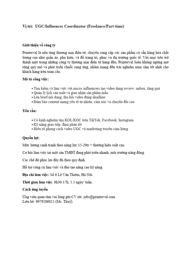 UGC Influencer Coordinator Freelance Part Time | PDF