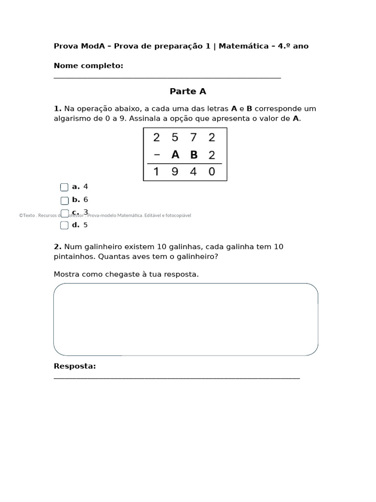 Prova ModA - Prova de Preparação 1 - Matemática - 4.º Ano | PDF