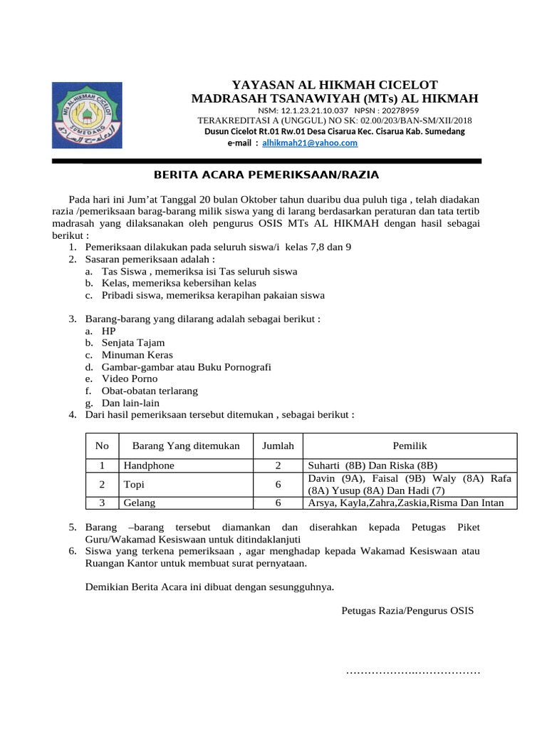 Berita Acara Razia Dan SP Osis | PDF