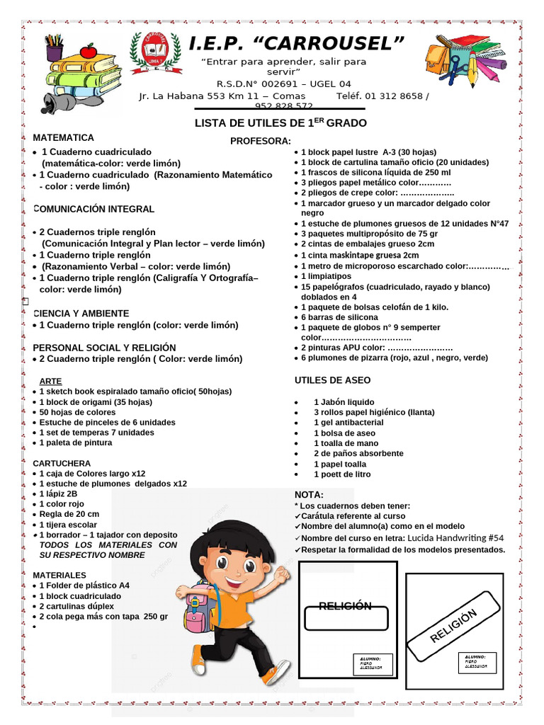 Lista de Útiles para 1er Grado 2023 | PDF | Materiales de impresión | Papel