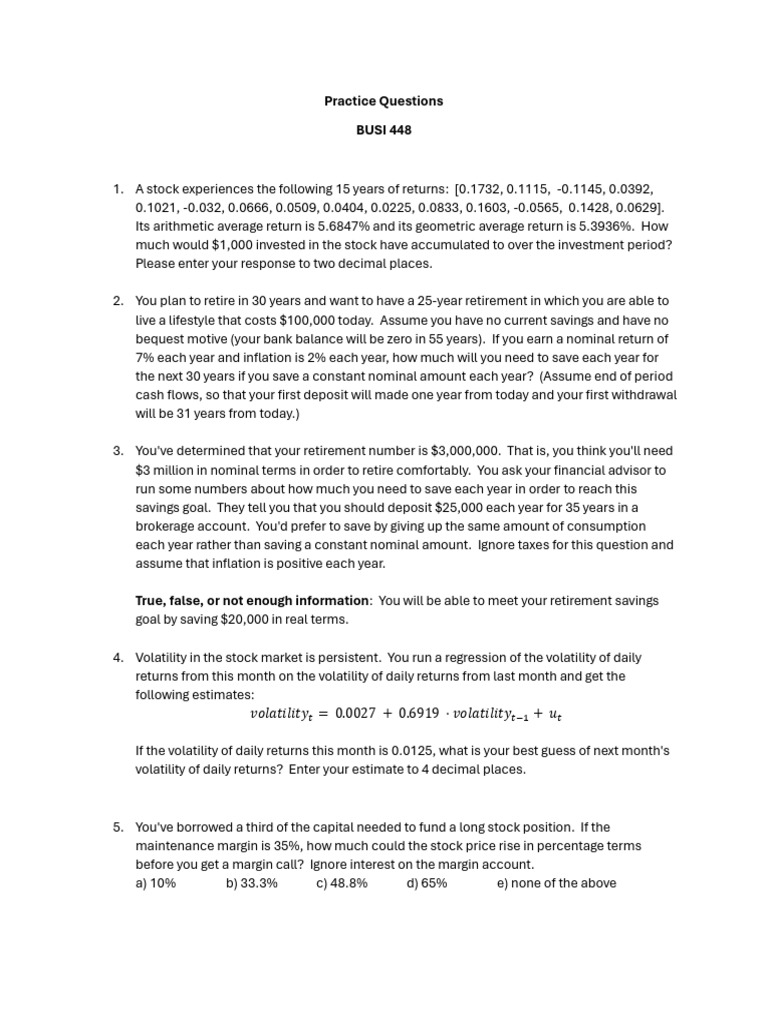 BUSI 448 Practice Questions | PDF | Bonds (Finance) | Market (Economics)