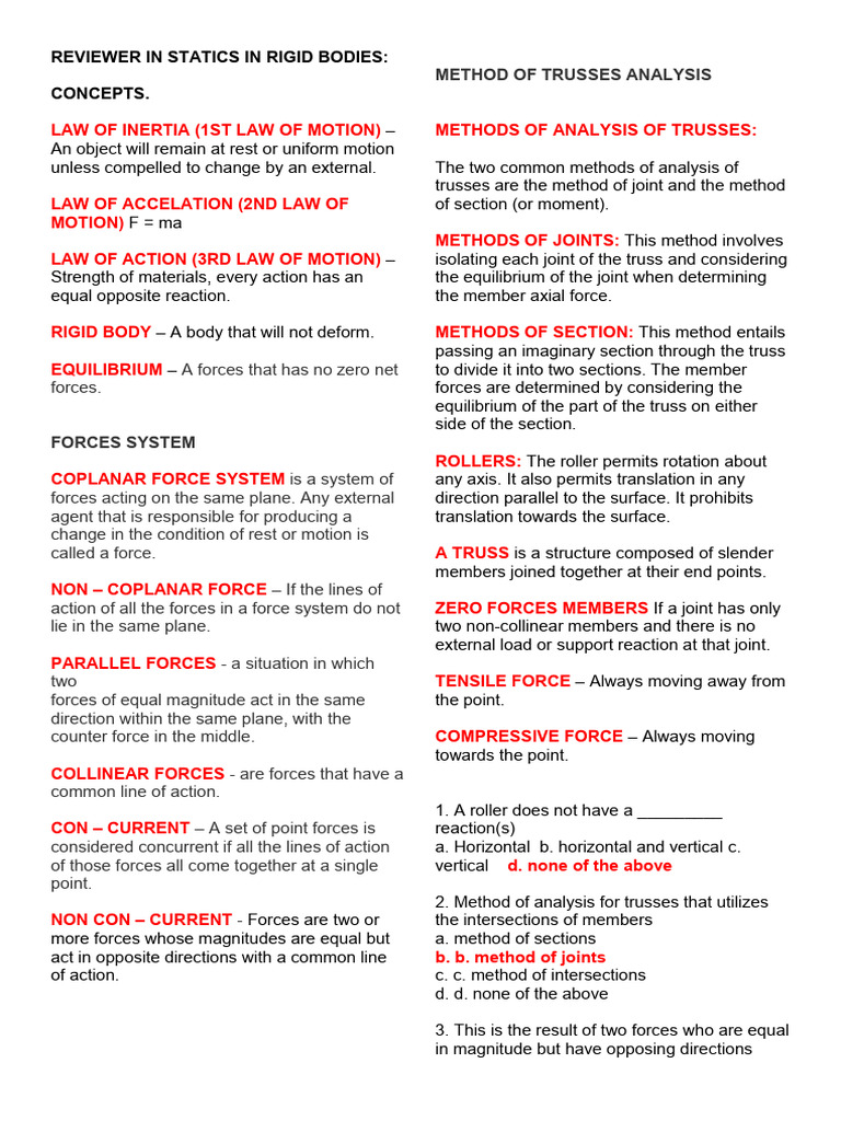 Reviewer in Statics in Rigid Bodies | PDF | Force | Friction