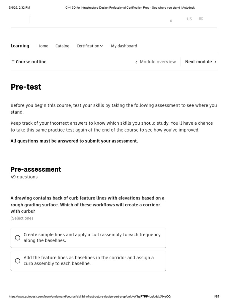 Autodesk Civil 3D Pre Test | PDF | Auto Cad | Interpolation