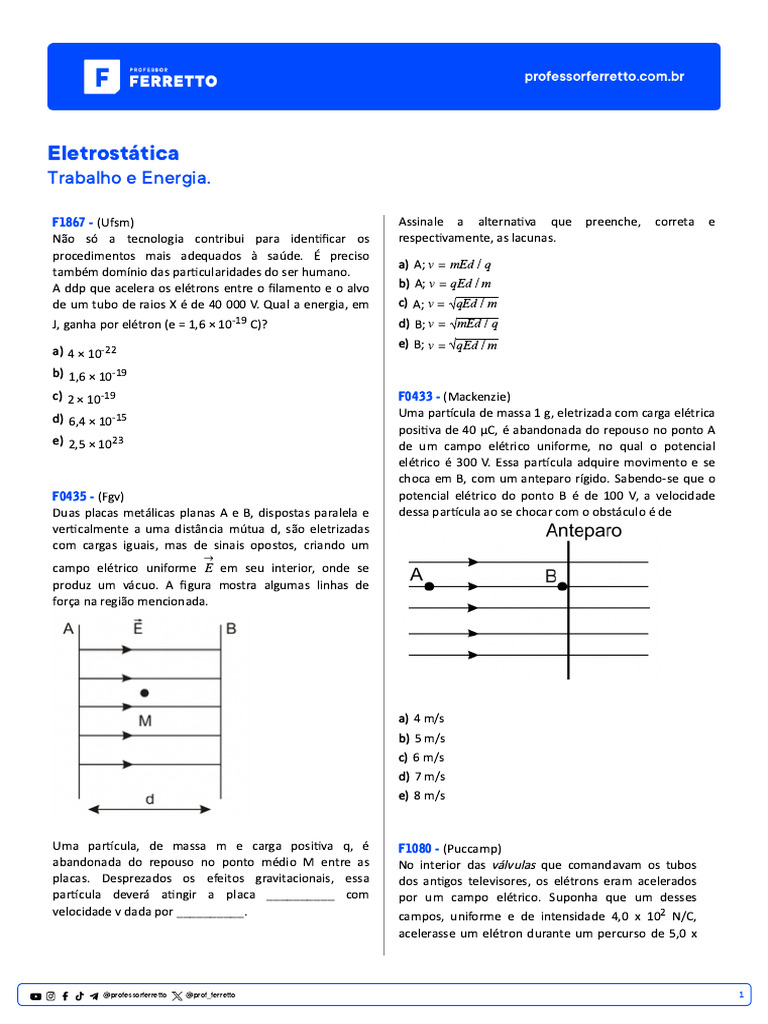 Questions Fisica Eletrostatica Trabalho-e-Energia. | PDF | Campo elétrico | Eletricidade