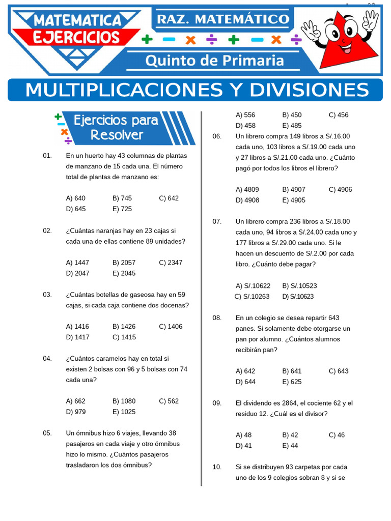 Problemas de Multiplicación y División 5° | PDF | División (Matemáticas ...