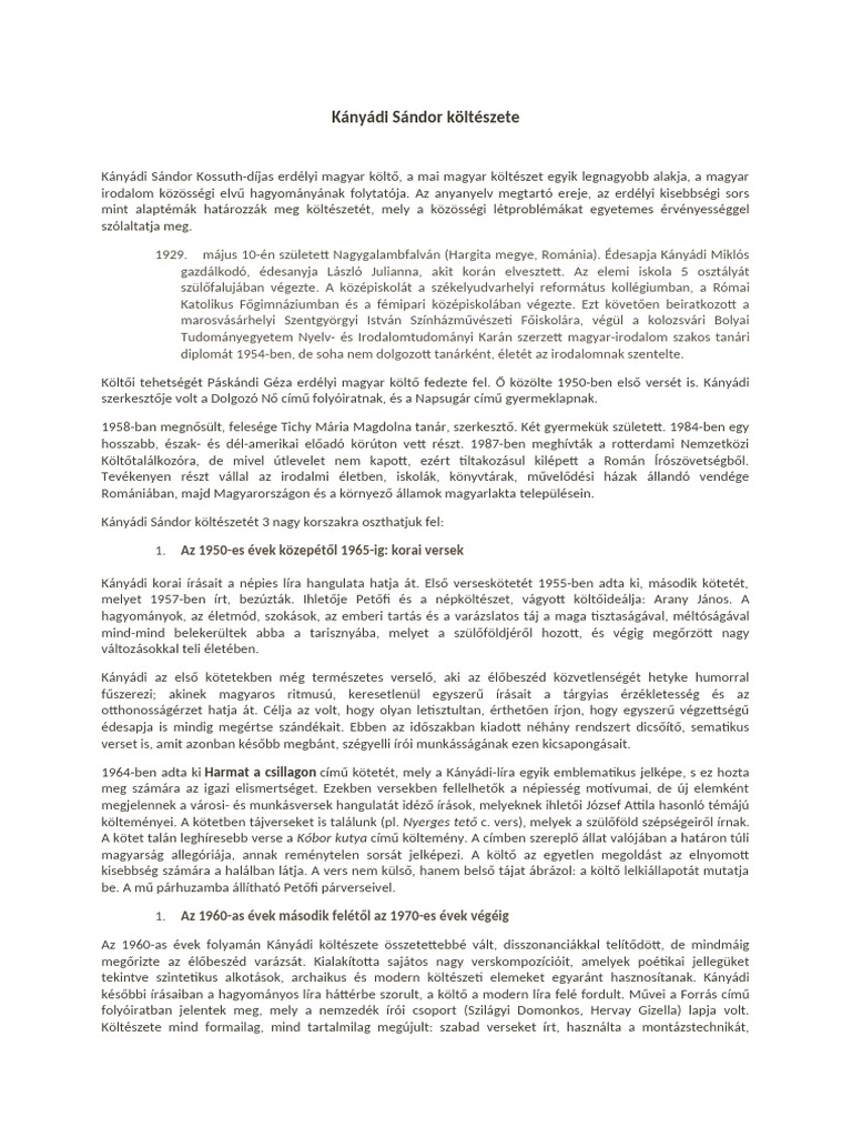 Kányádi Sándor Költészete | PDF