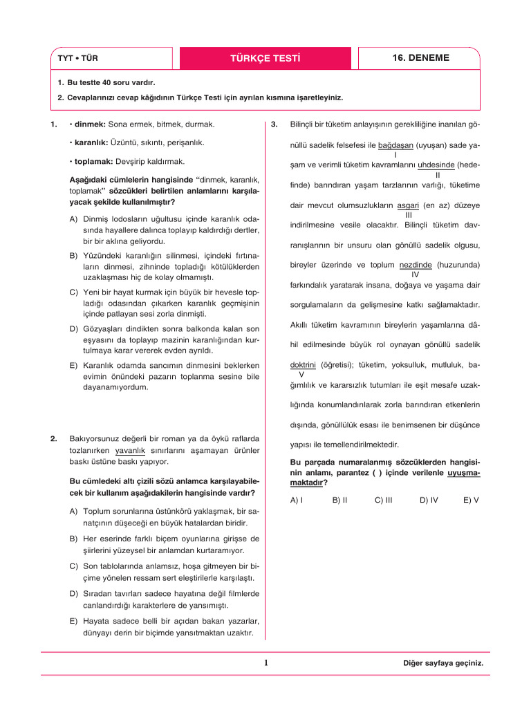 Türkçe Testi | PDF