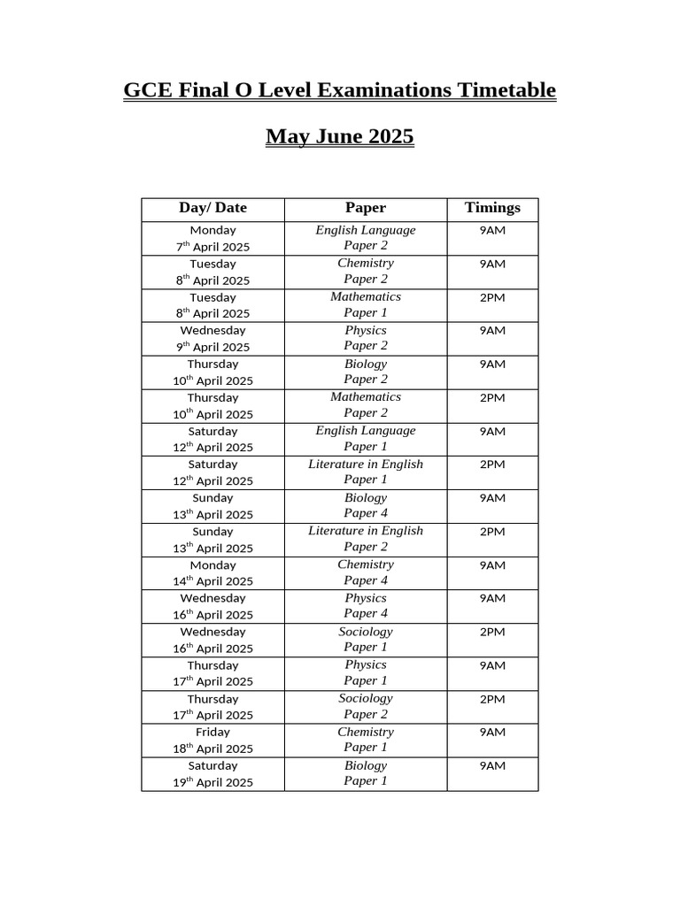 Winter Break Examination Timetable | PDF