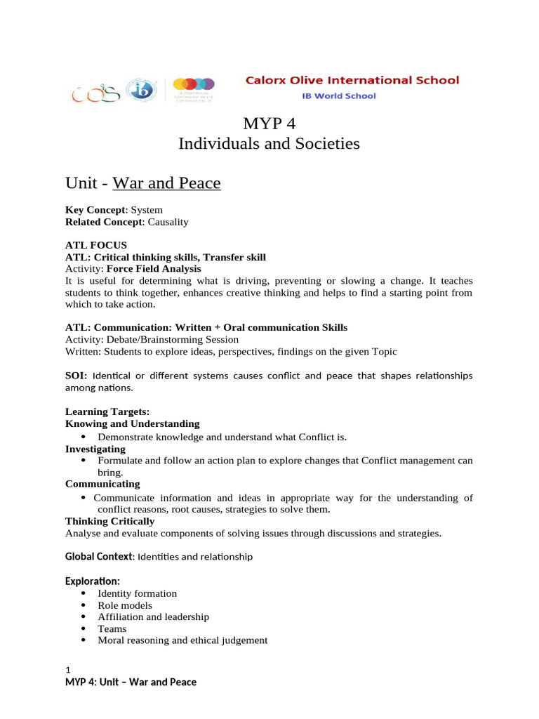 MYP 4war and Peace - Notes | PDF | Critical Thinking | Peacebuilding