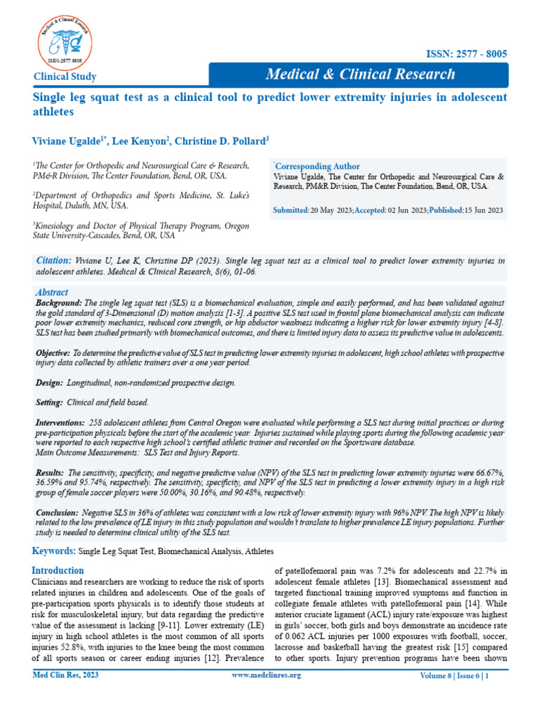 Single Leg Squat Test As A Clinical Tool To Predict Lower Extremity ...