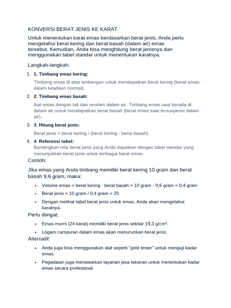 Konversi Berat Jenis Ke Karat | PDF