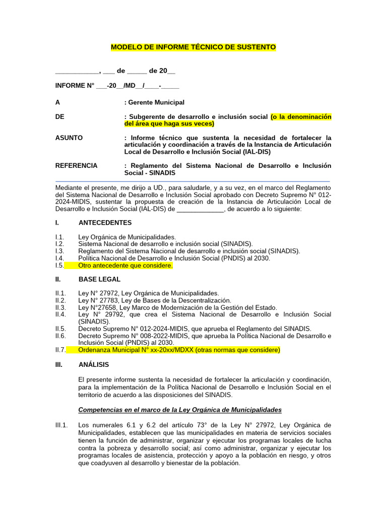 Modelo Informe Tecnico Sustento de Ordenanza - Ial Dis | PDF | Gobierno local | Pobreza