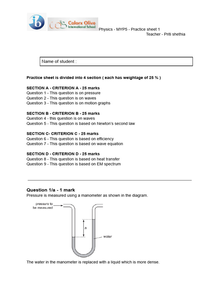 MYP-5 Physics (Practice Paper) | PDF | Gases | Frequency